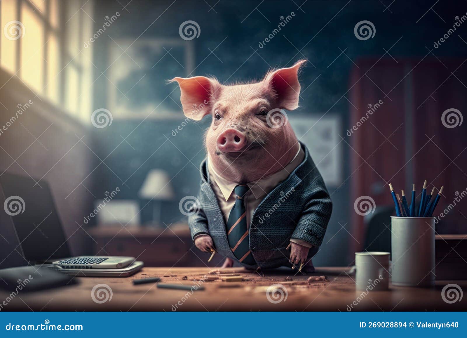 Pig Wearing Suit and Tie Sitting at Desk. Generative AI Stock Photo ...