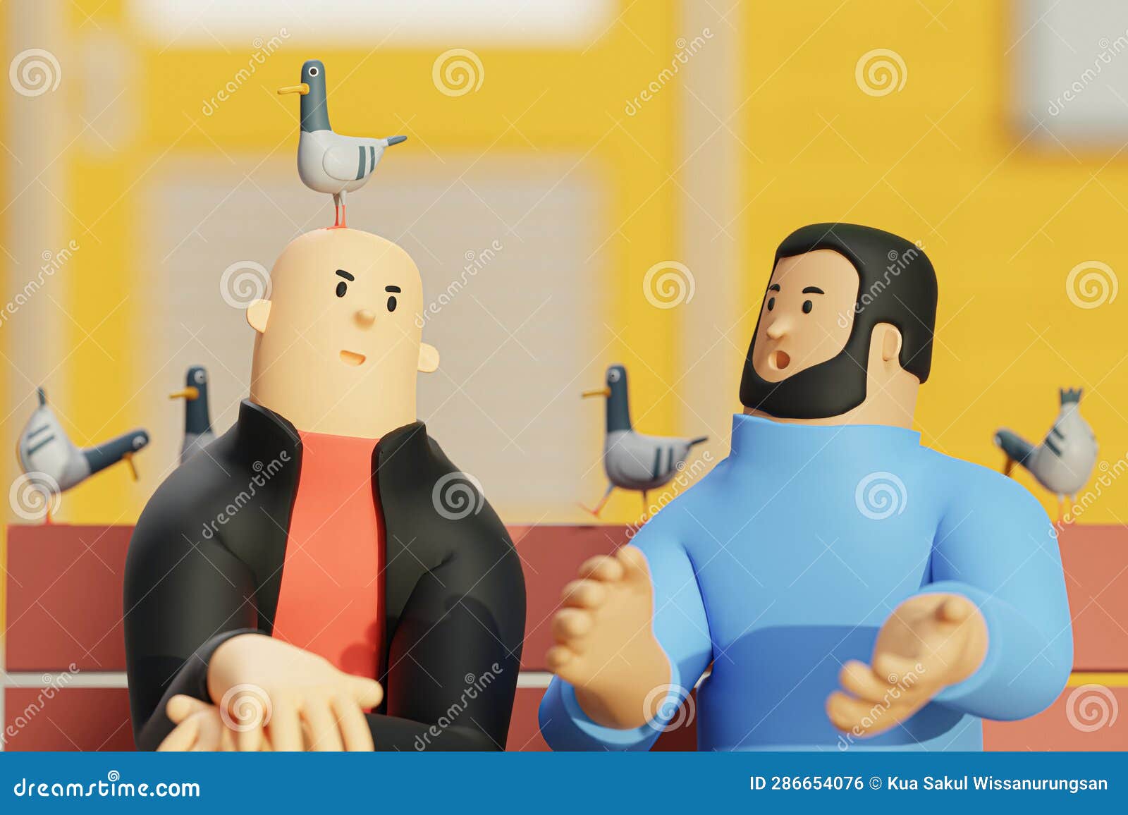 A Pigeon Perched on a Man S Head, Two Men are Talking Stock ...