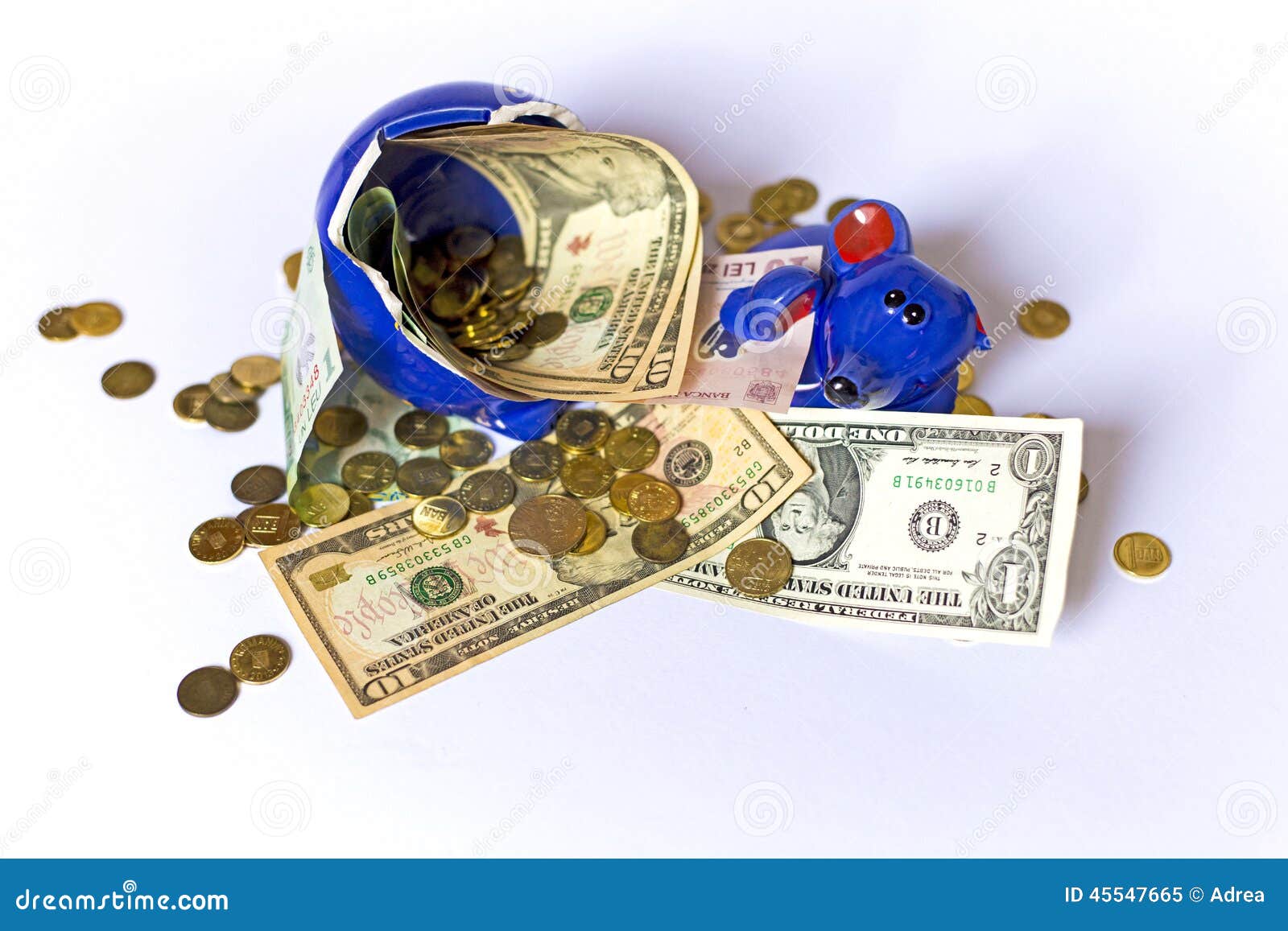 Money Bills and Coins Falling from a Broken Piggy Bank Stock Image ...