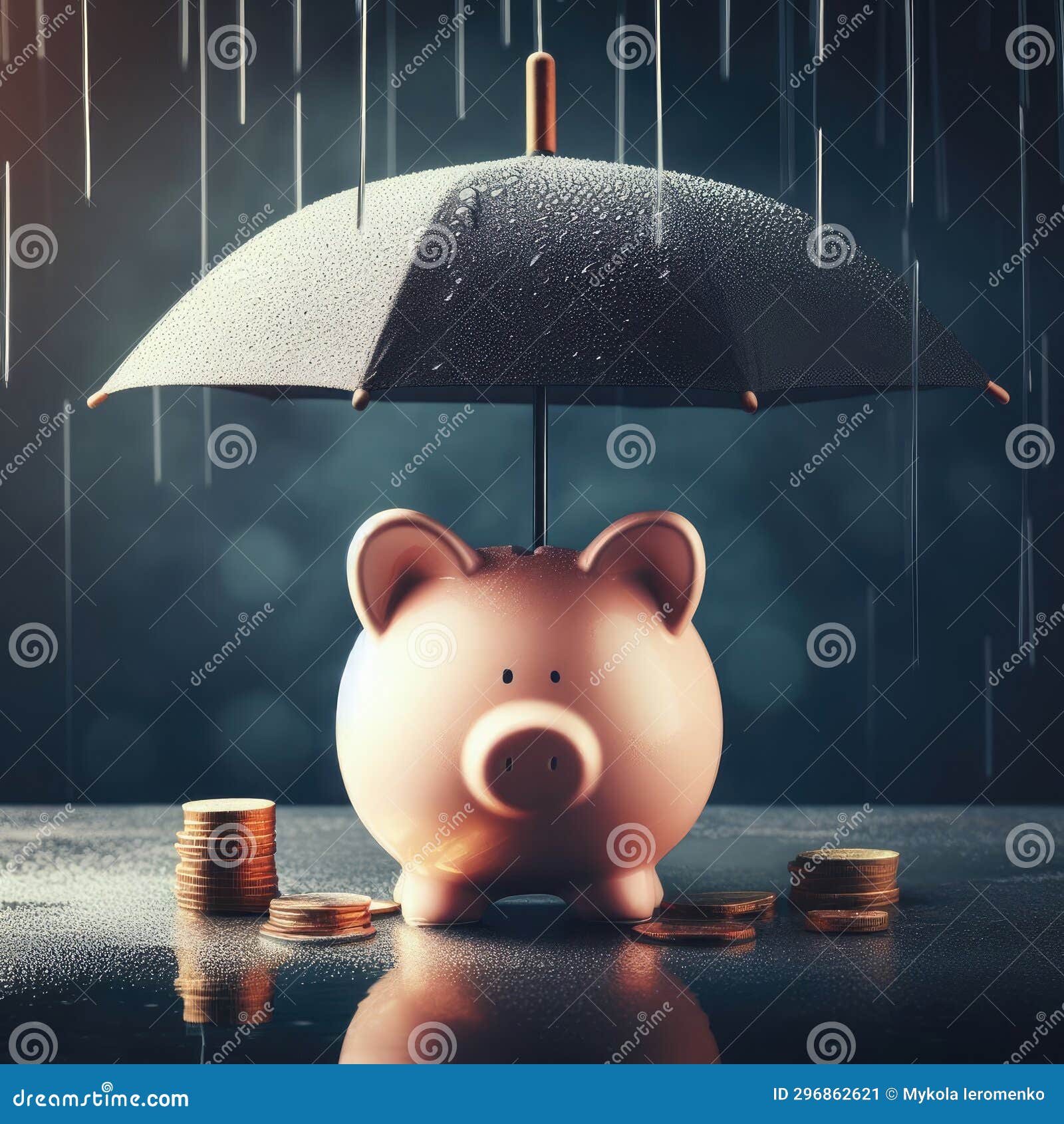 The Piggy Bank and Coins are Safely Protected Under an Umbrella on a ... The Piggy Bank and Coins are Safely Protected Under an Umbrella on a ...