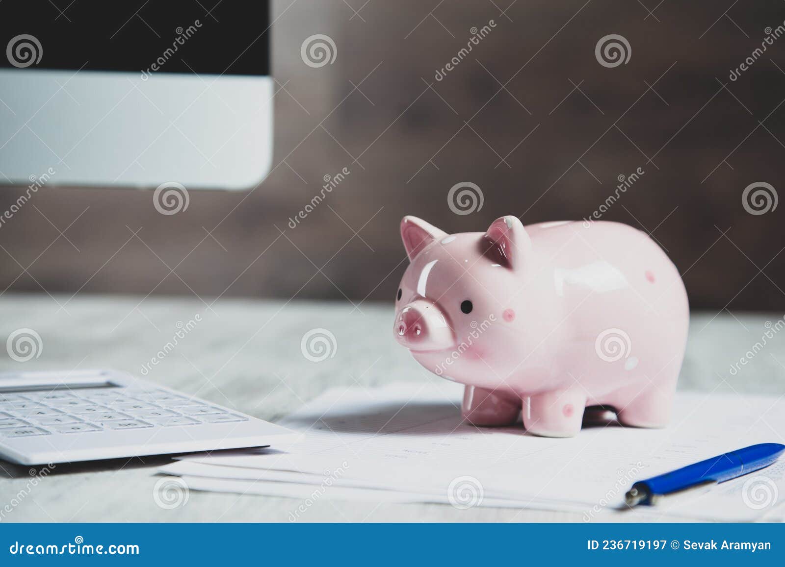 Piggy Bank with Computer on the Desk. Stock Image - Image of gain ...