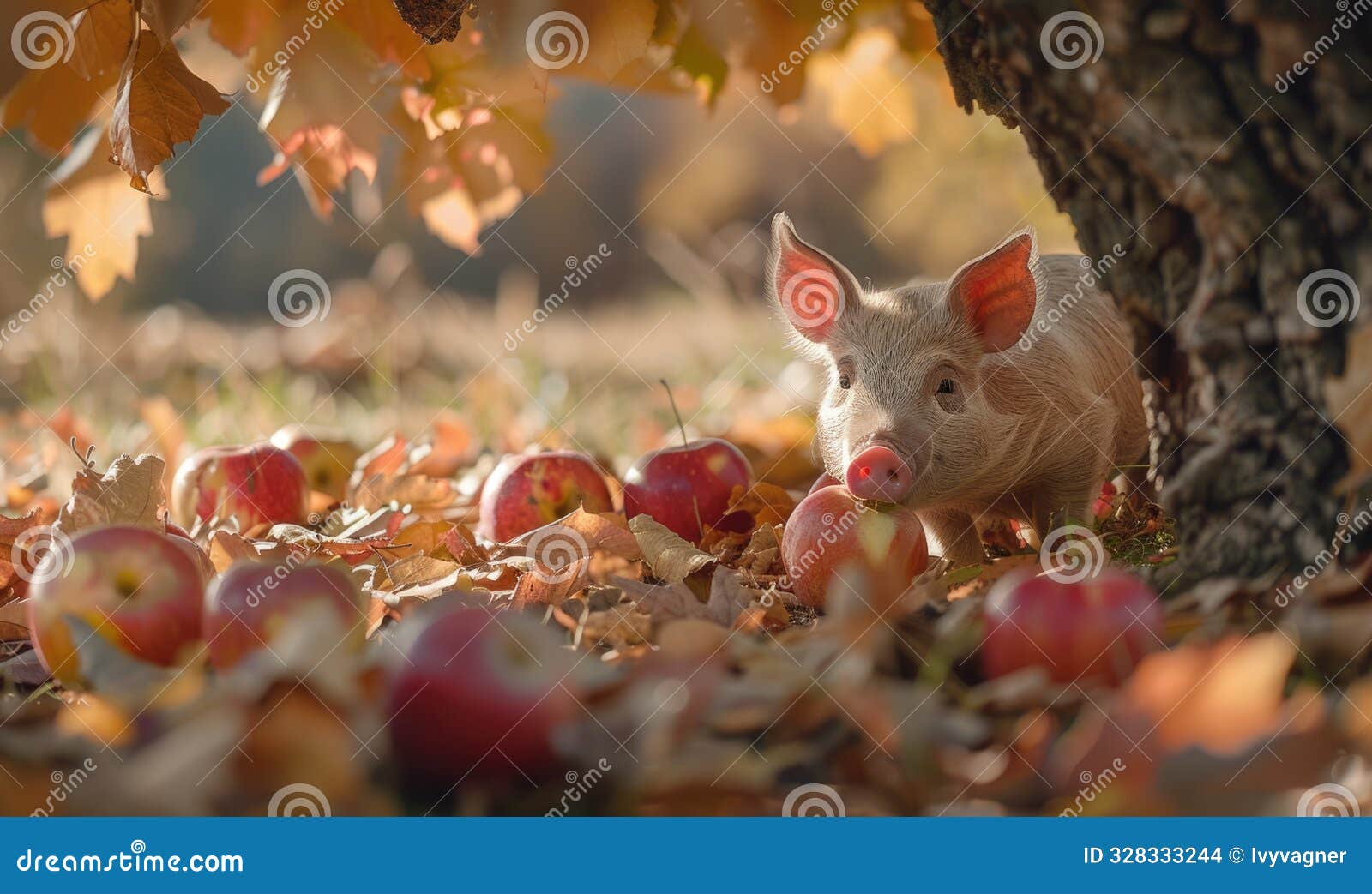 Piglet Biting into an Apple Under a Tree Stock Photo - Image of wild ...