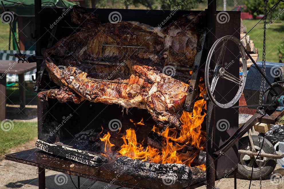 Piglet roasted on a spit stock image. Image of sacrifice - 57352567