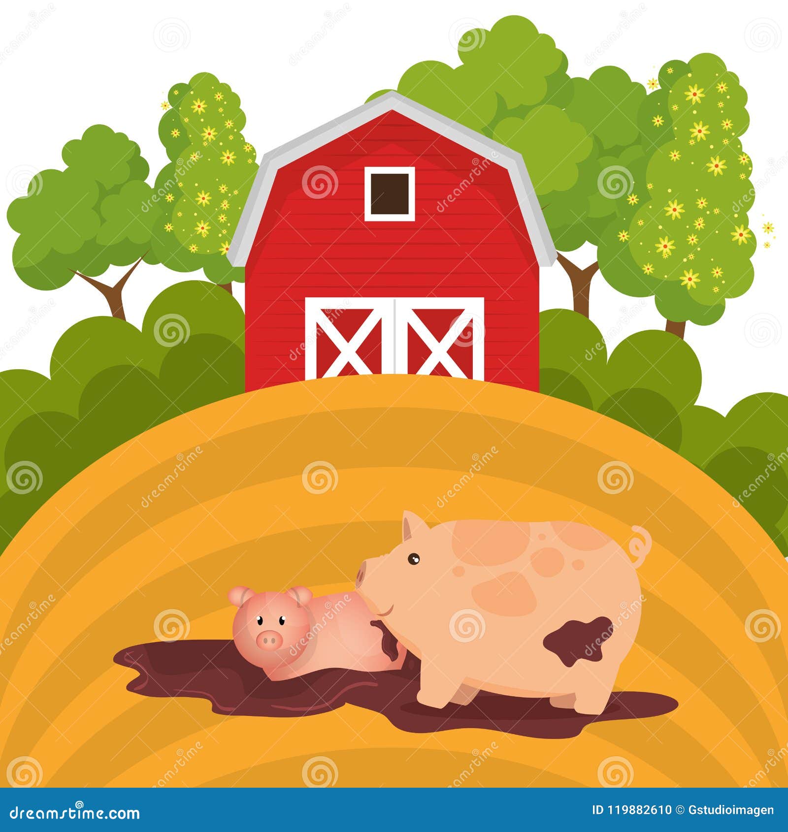 Pigs in the farm scene stock vector. Illustration of barn - 119882610