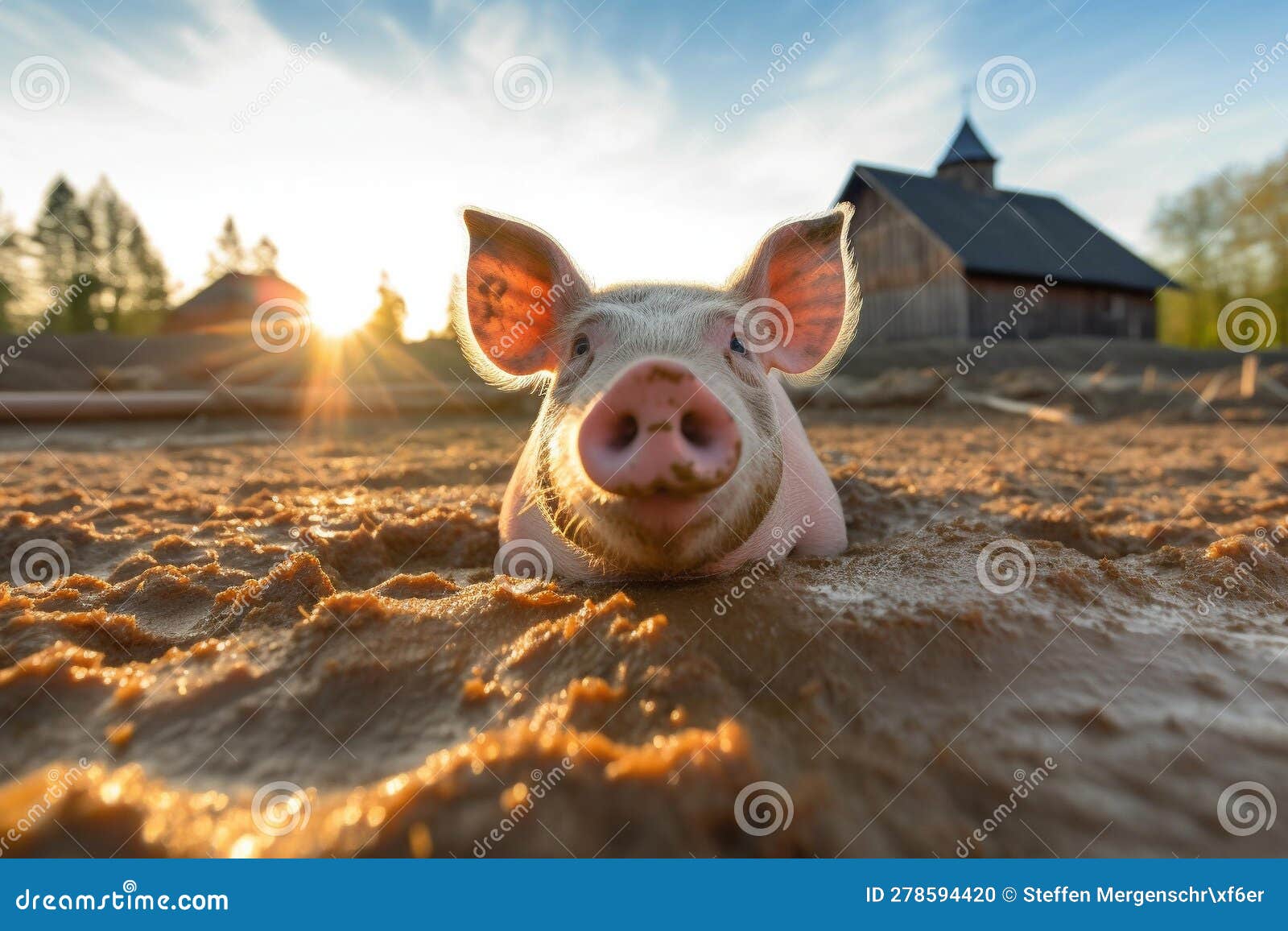 Pigs in Mud with Rustic Barn Background Stock Illustration ...