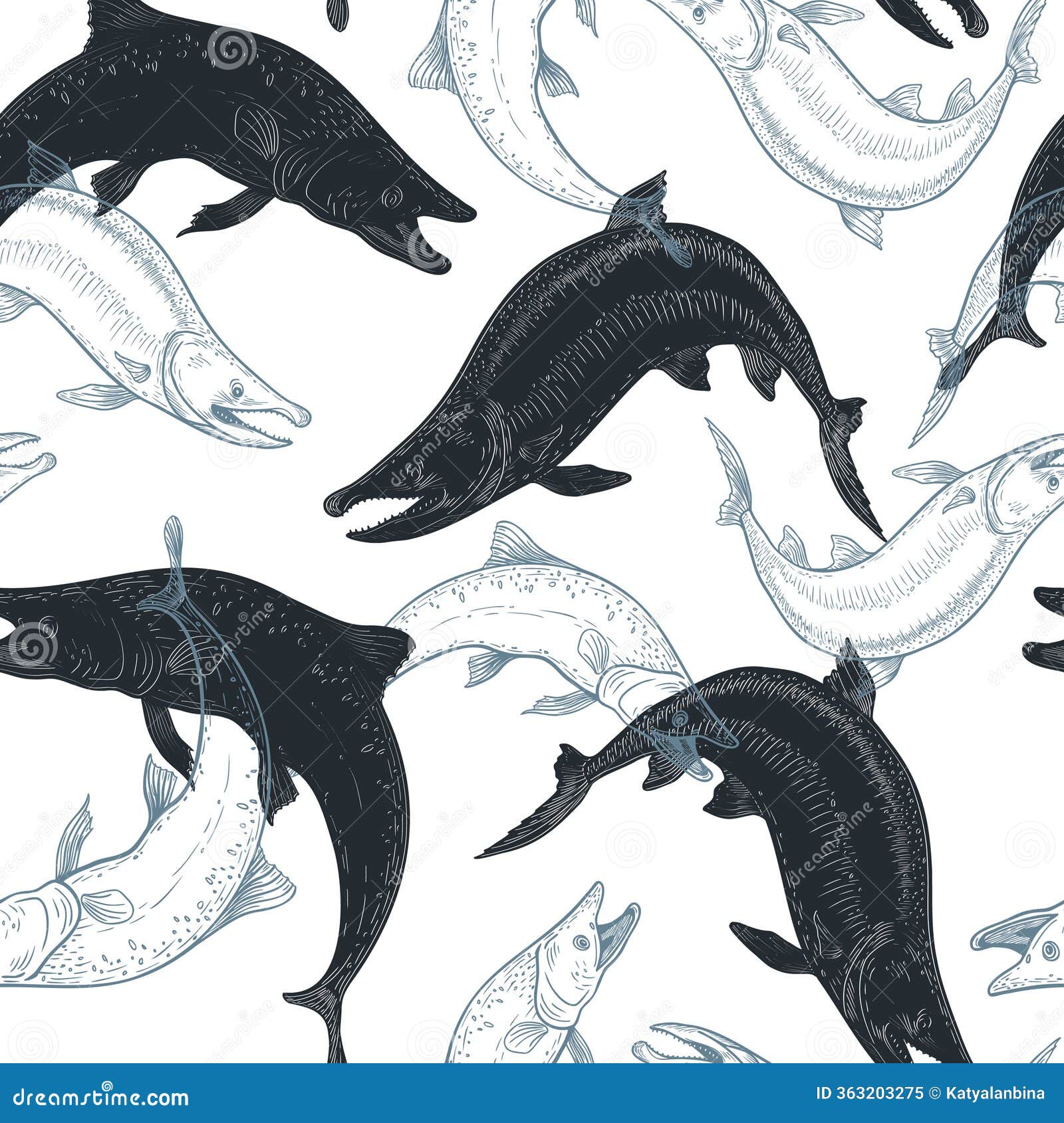 Pike Fish Seamless Pattern in Black and White Vector. Hand Drawn ...