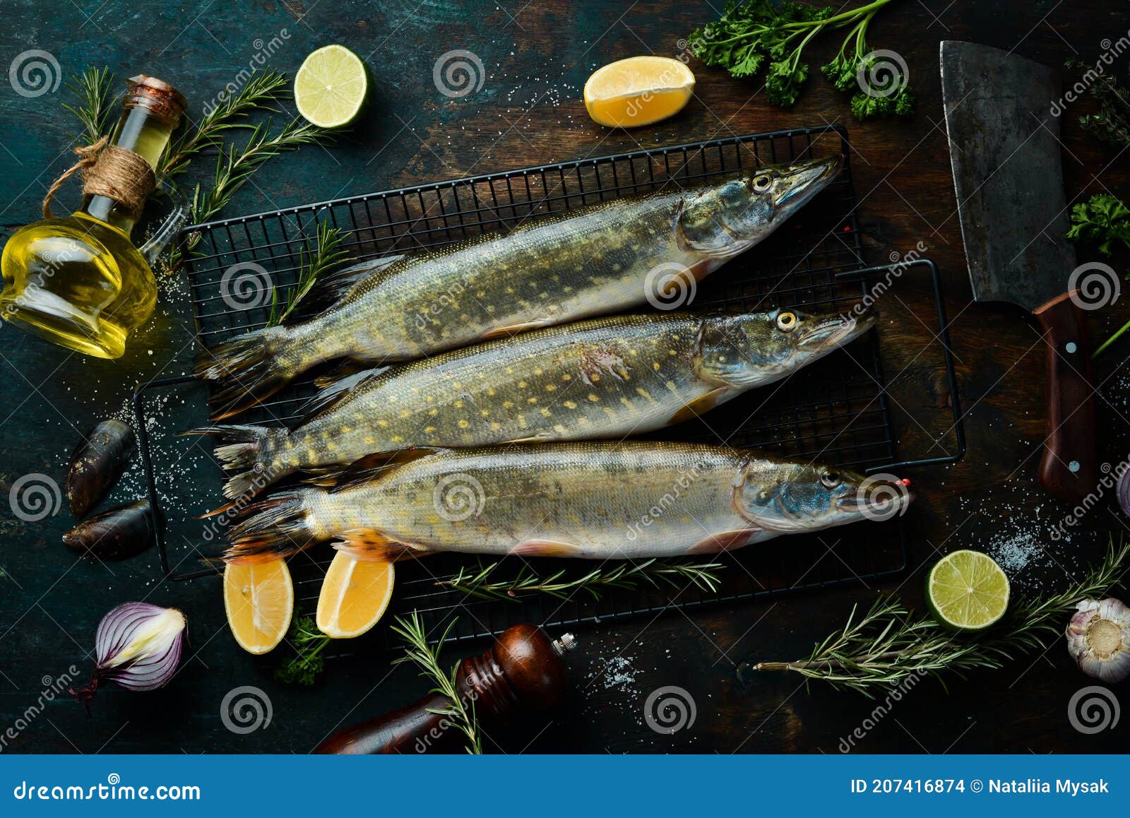 Pike Fish with Spices and Herbs. Preparation Stock Photo - Image of ...