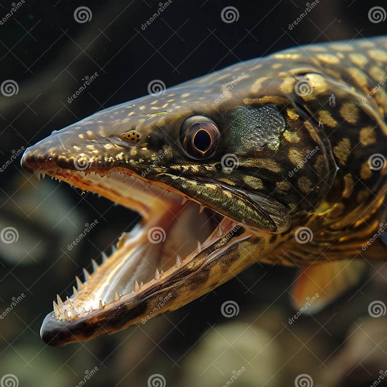 Pike Head Close-up with Open Mouth and Sharp Teeth Stock Illustration ...