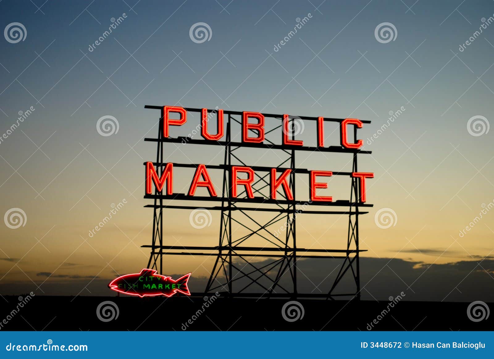 Pike Place Market Sign stock photo. Image of twilight - 3448672