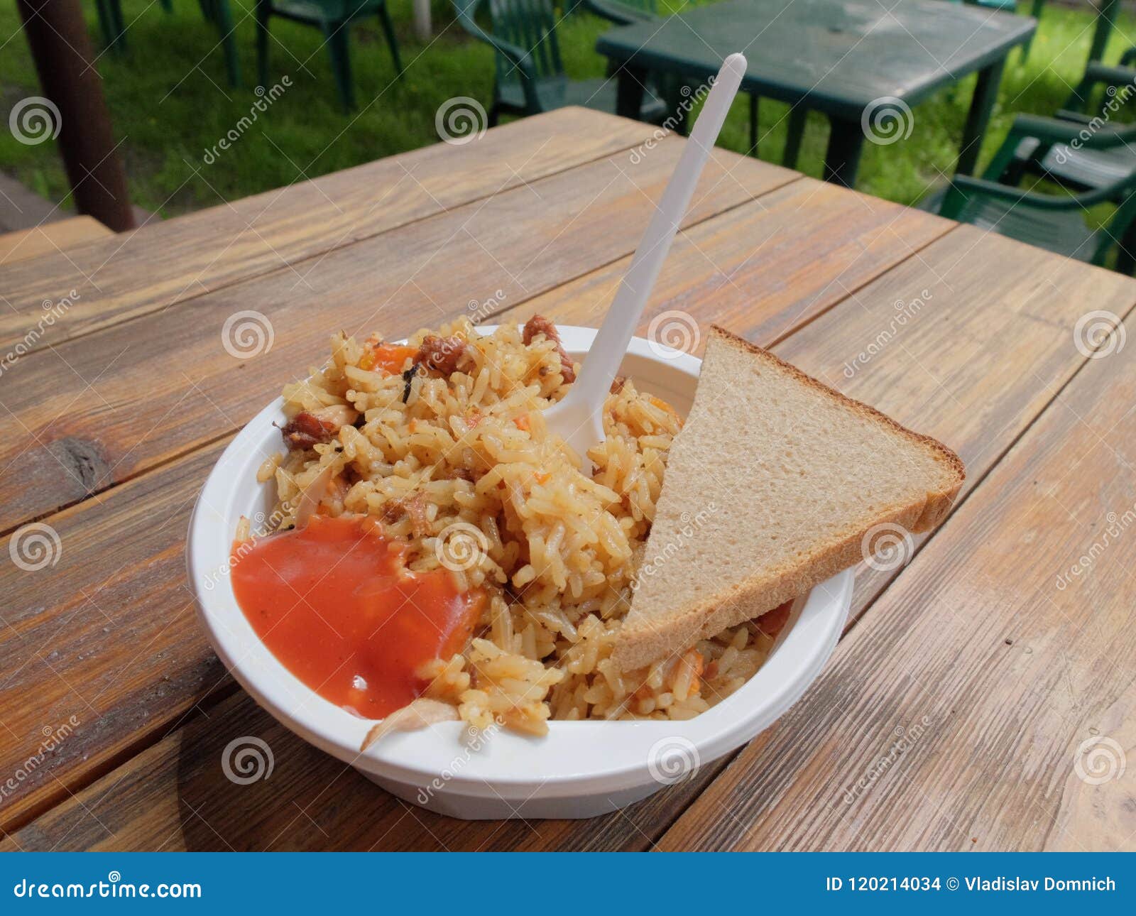 Pilaf with Ketchup and Bread on the Table Stock Photo - Image of russia ...