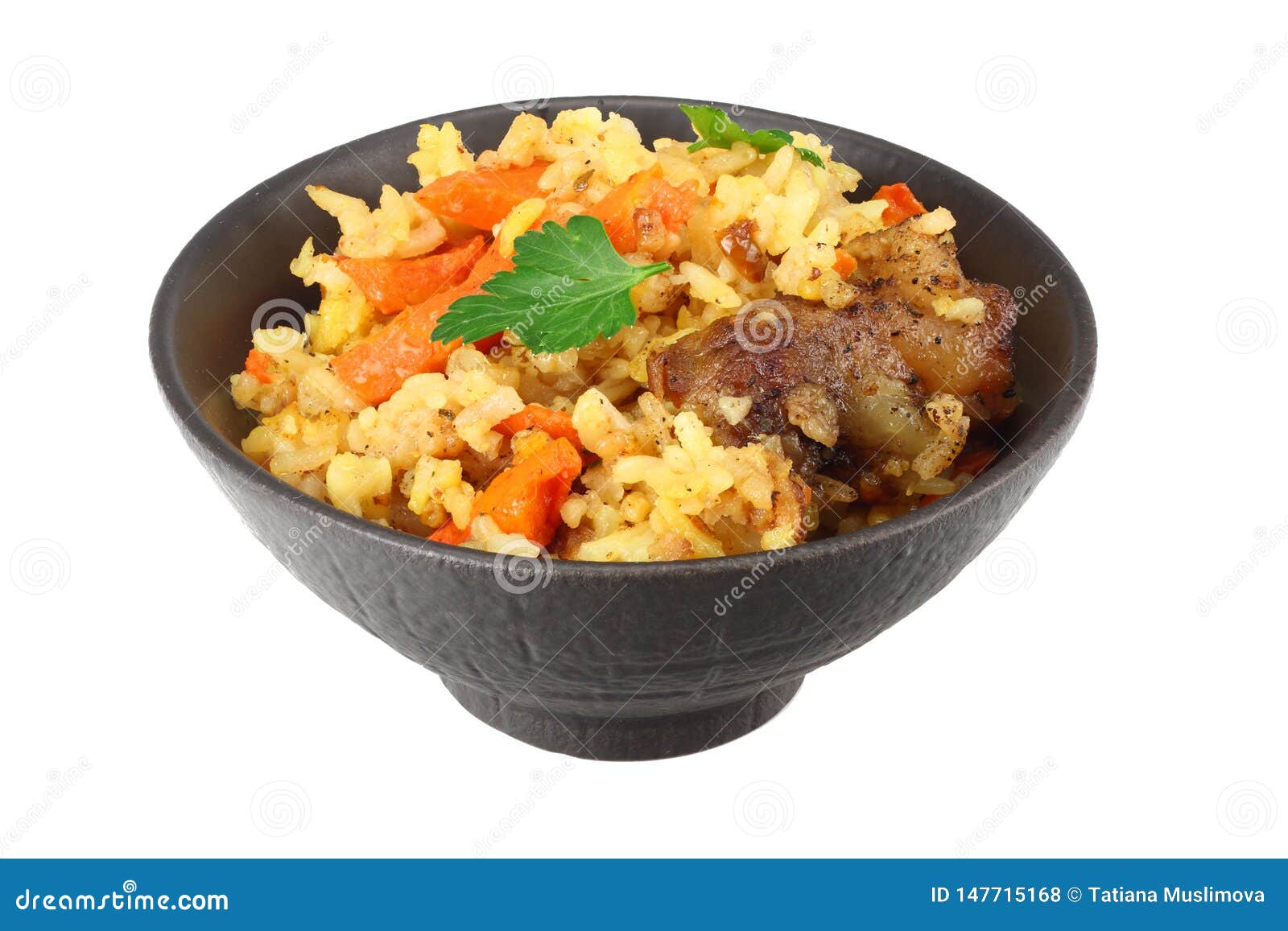 Pilaf with Meat in Black Bowl Isolated on White Background Stock Photo ...