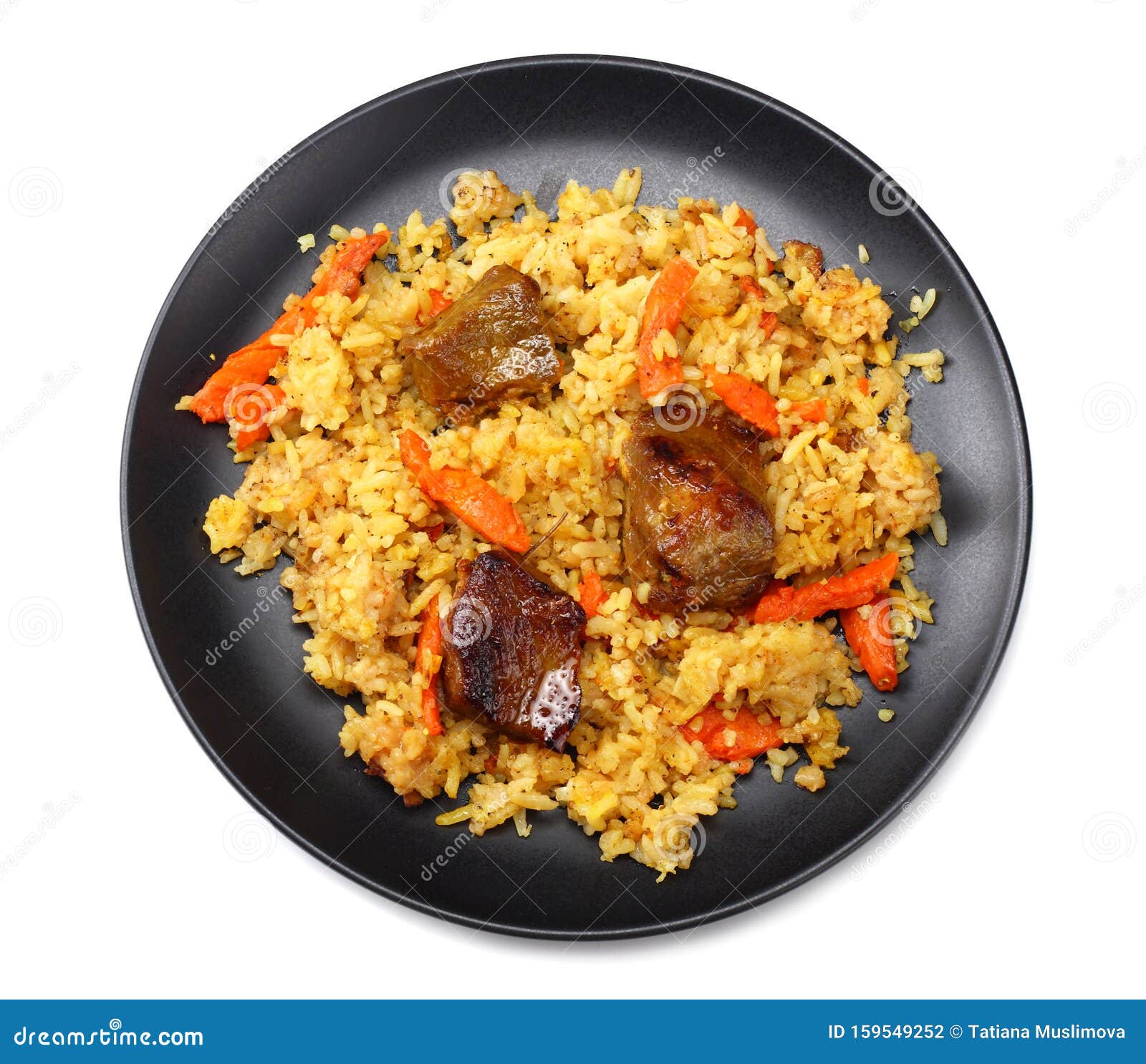 Pilaf with Meat on Black Plate Isolated on White Background. Top View ...