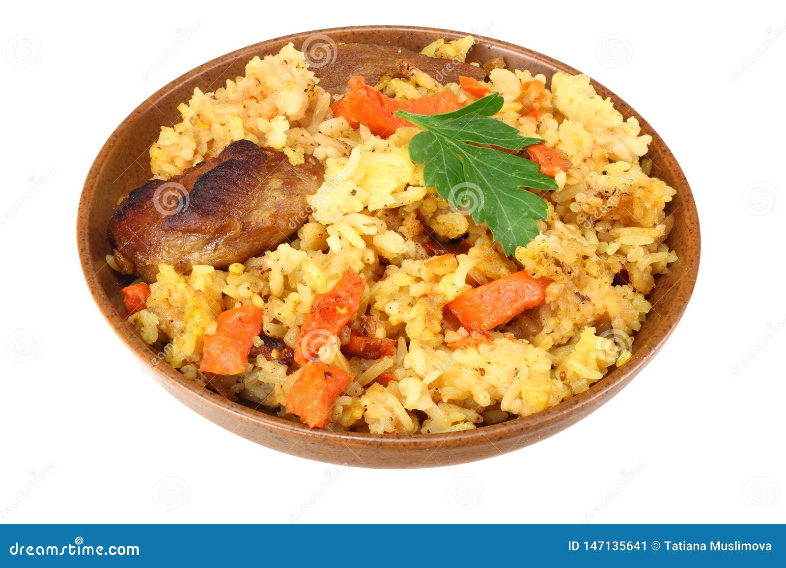 Pilaf with Meat on Brown Plate Isolated on White Background Stock Image ...