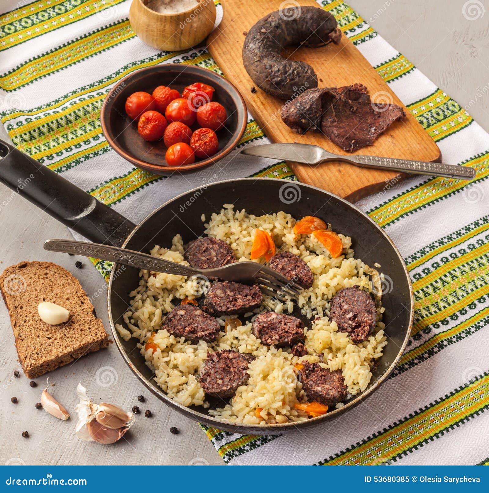 Pilaf in a Pan and Black Pudding Stock Image - Image of morsilla, herb ...