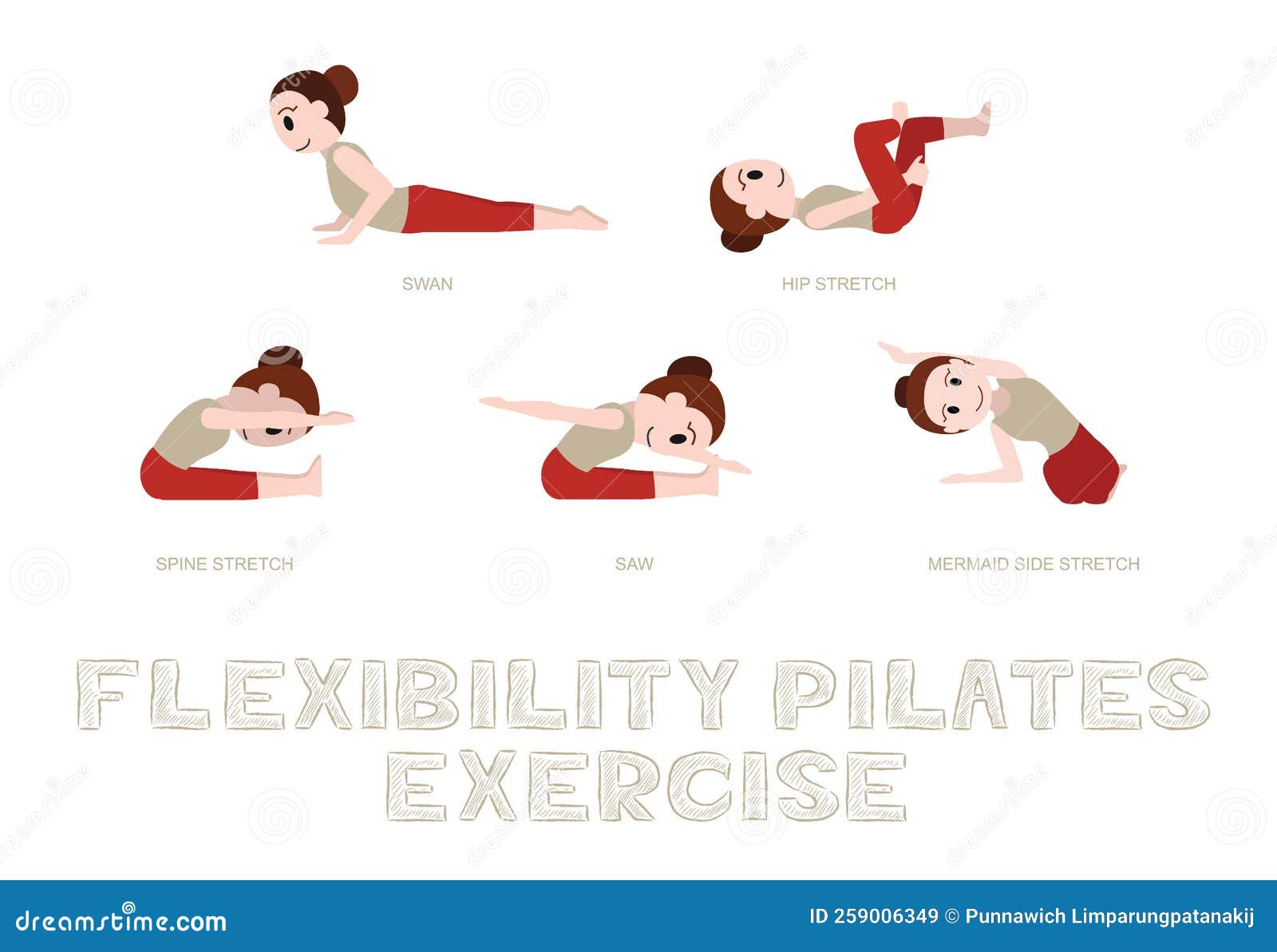 Pilates Flexibility Exercise Pose Cartoon Vector Illustration Set Stock ...