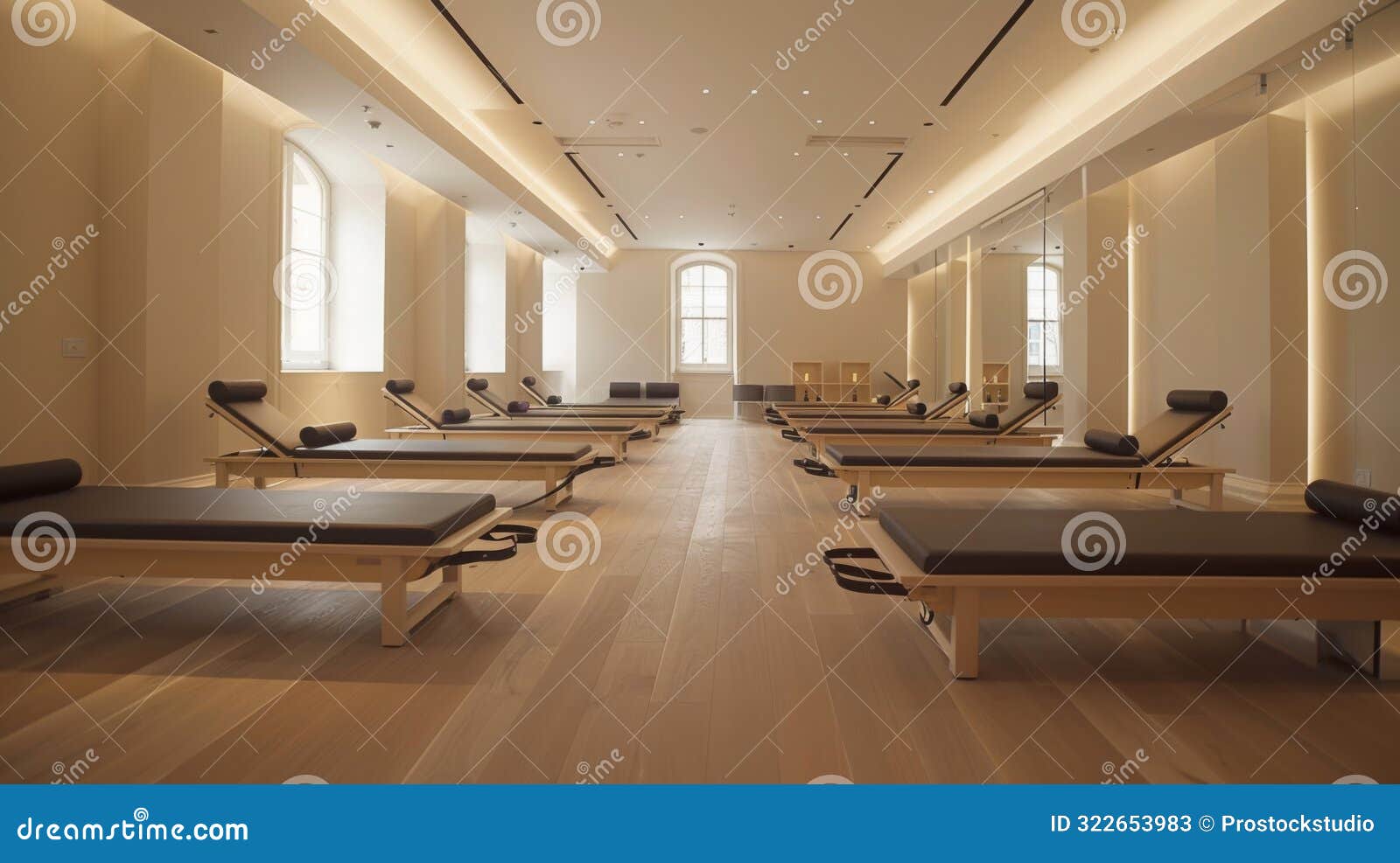 Pilates Studio Interior with Reformers Stock Image - Image of movement ...