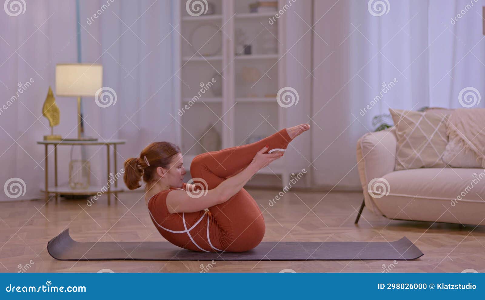 Pilates Workout Guide. Athletic Girl Doing Exercises at Home Stock ...