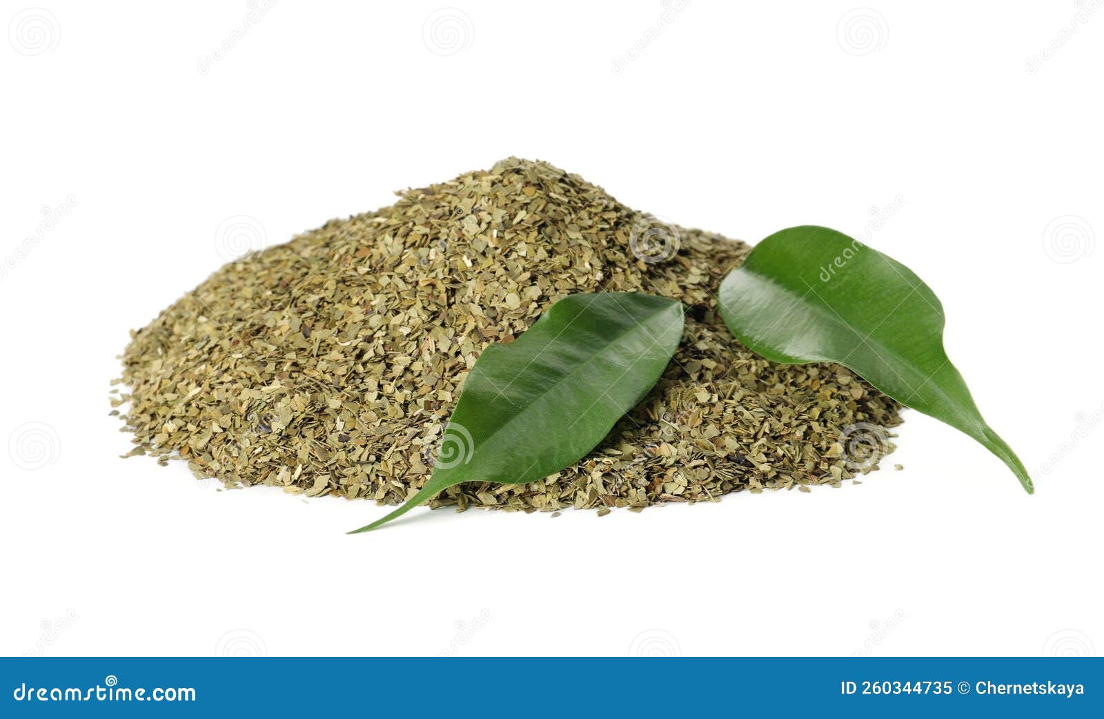 Pile of Aromatic Mate Tea and Fresh Leaves on White Background Stock ...