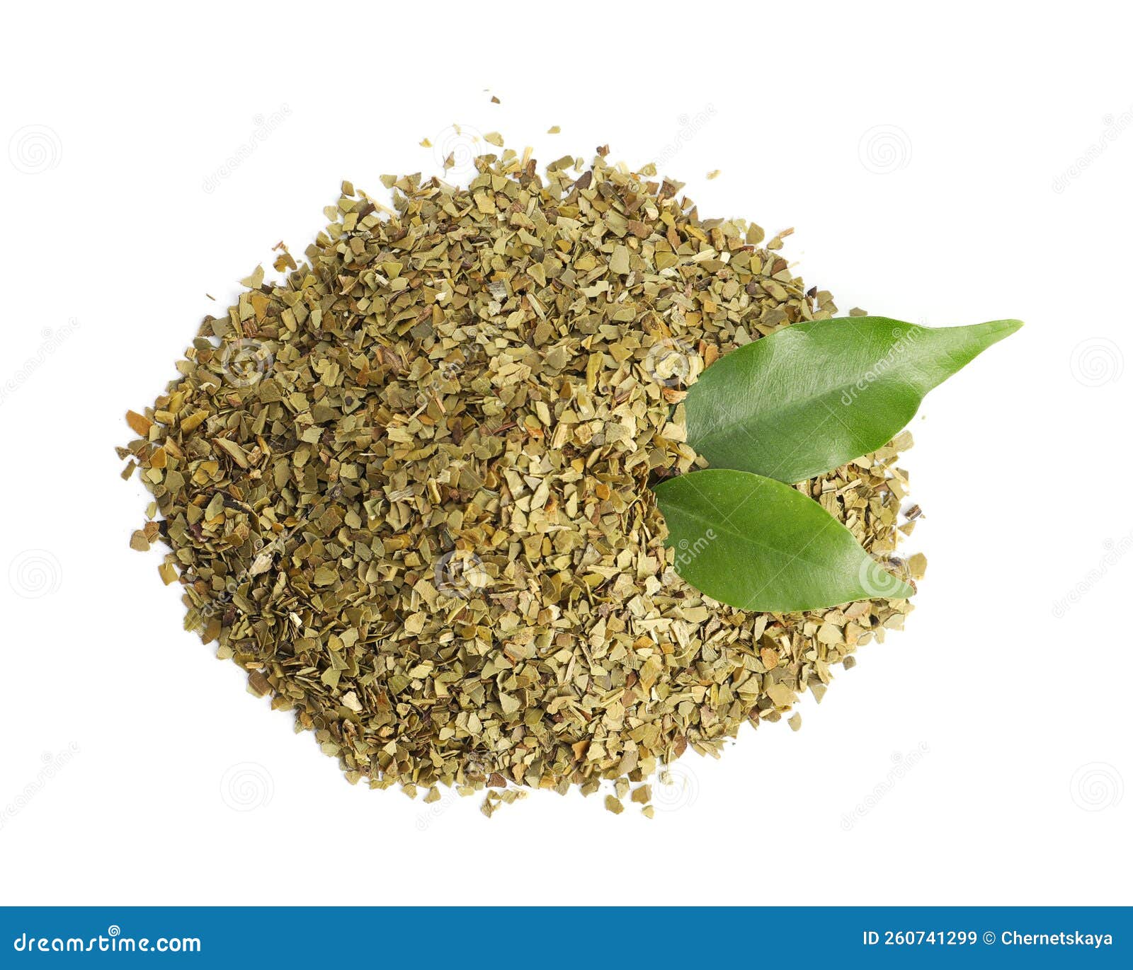 Pile of Aromatic Mate Tea and Fresh Leaves on White Background, Top ...