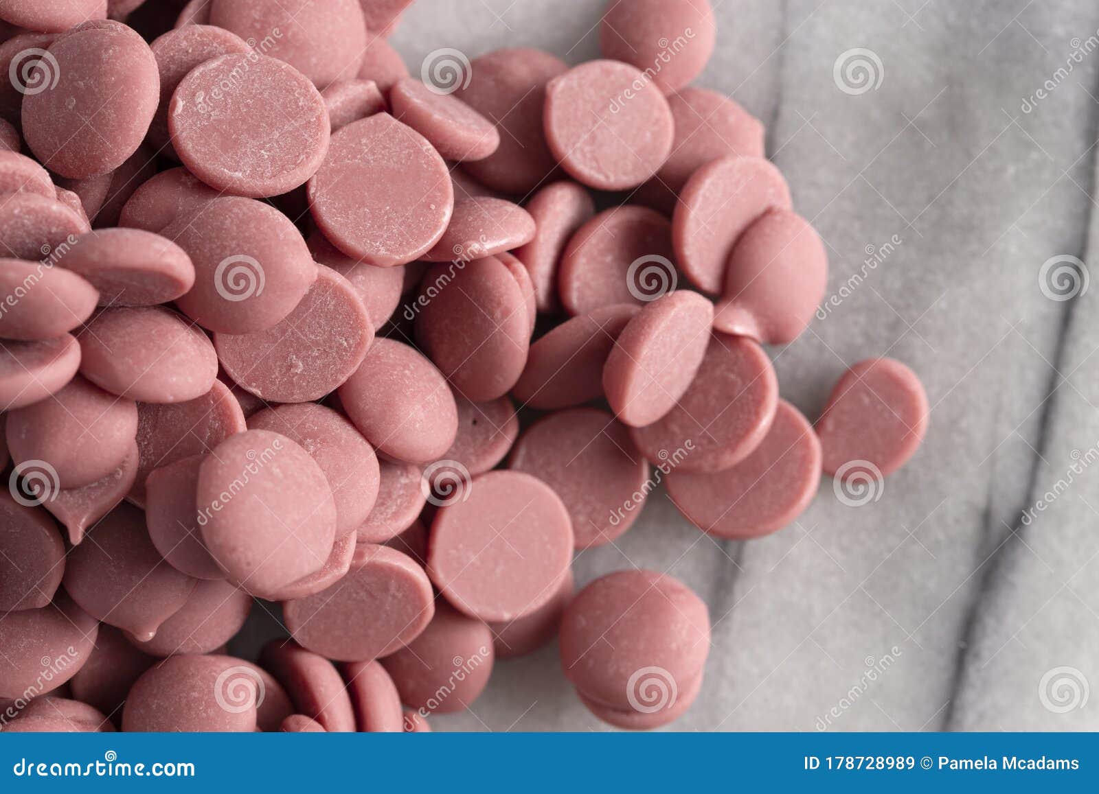 Pile of Authentic Ruby Chocolate Drops on a Marble Counter Stock Image ...