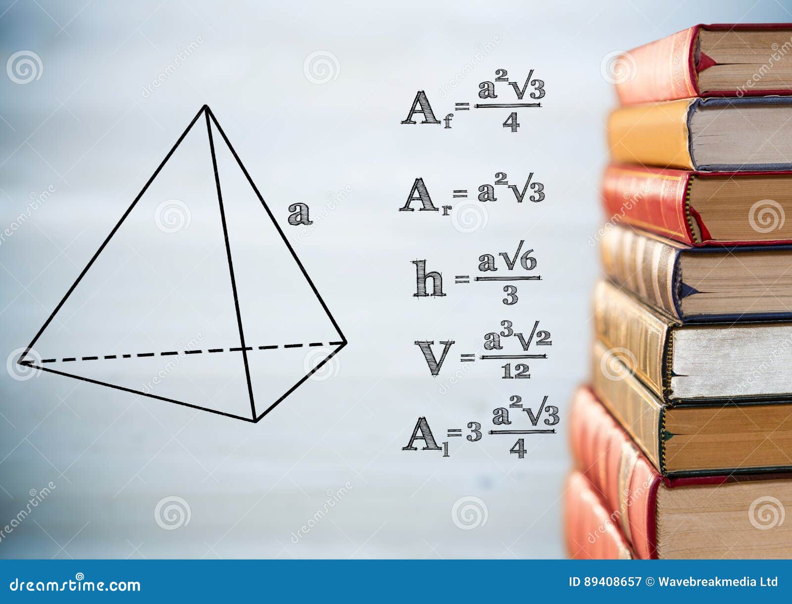 Pile of Books with Black Math Graphics Against Blurry Grey Wood Panel ...