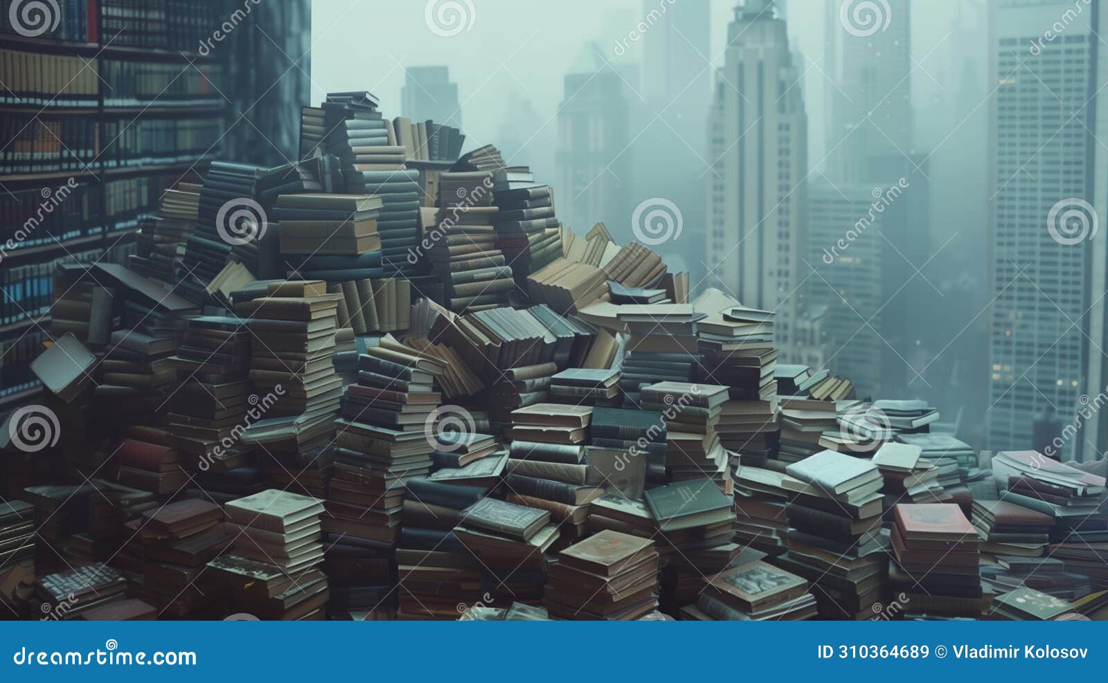 A Pile of Books with the Height of Skyscrapers. Unexpected Camera Angle ...