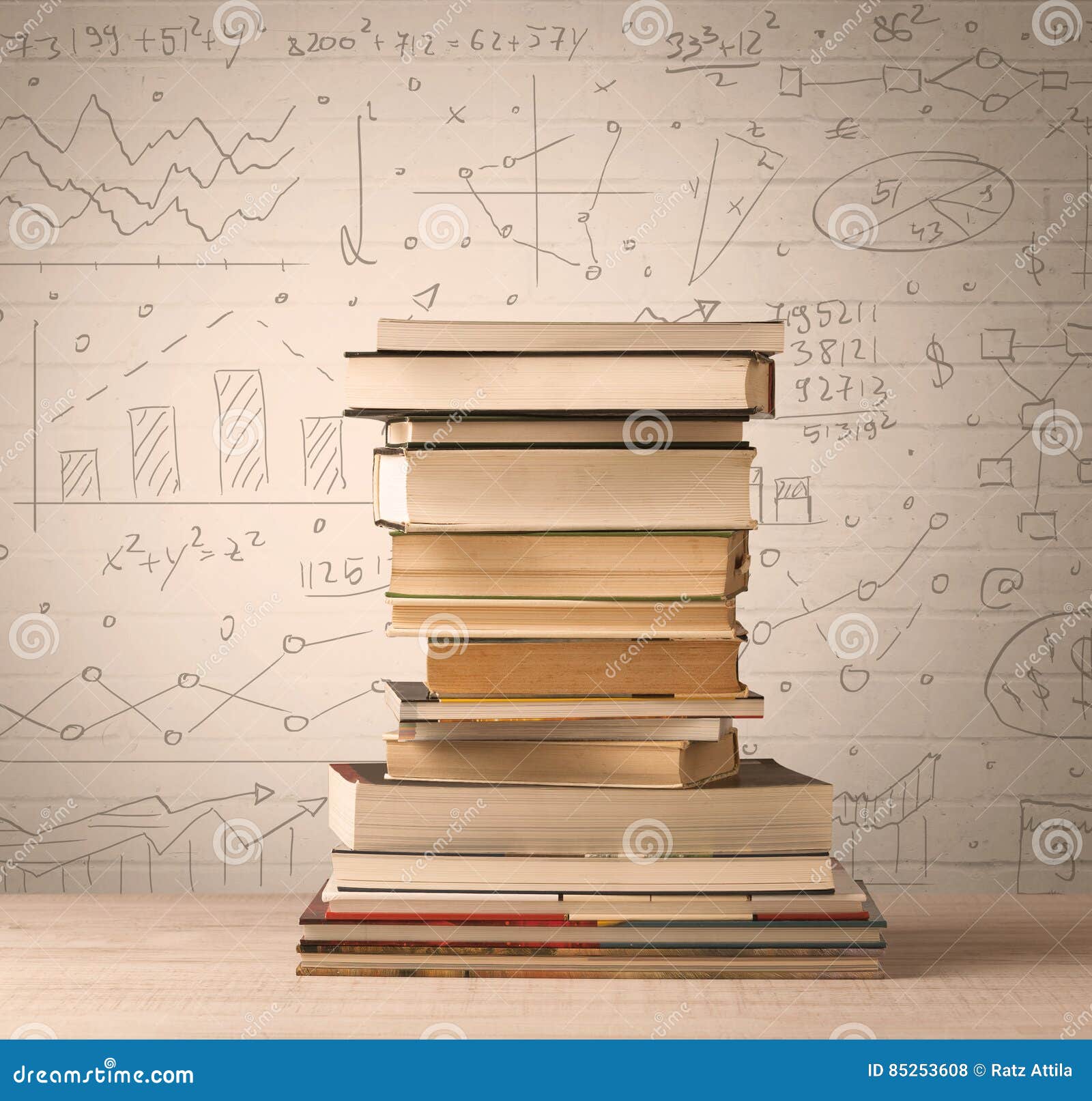 A Pile of Books with Math Formulas Written in Doodle Style Stock ...