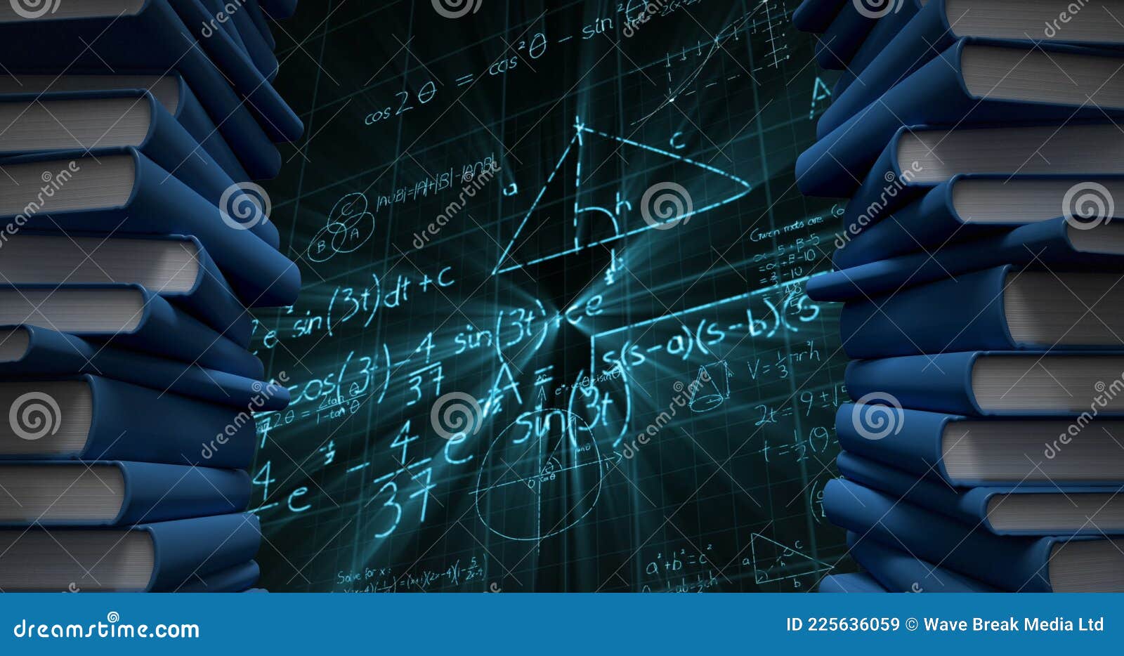 Pile of Books and Mathematical Equations and Graphs Stock Illustration ...