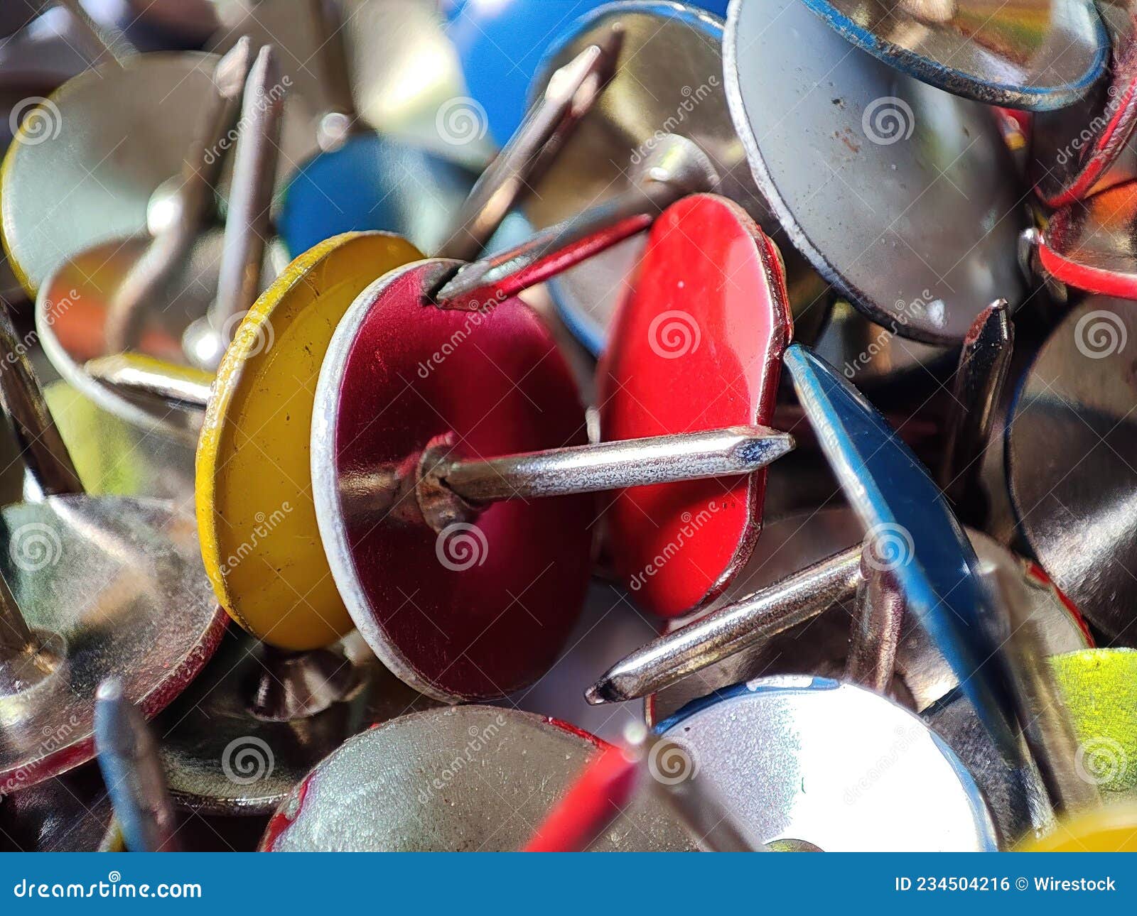 Pile of brass drawing pins stock photo. Image of stack - 234504216
