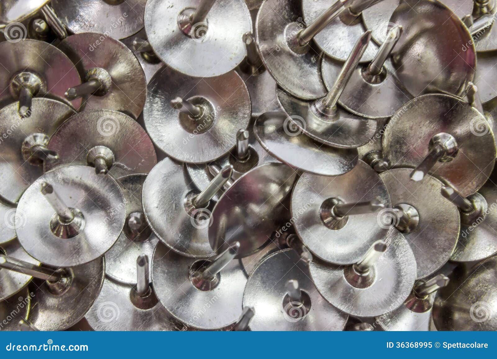 Pile of Bright Silver Thumbtacks Background Stock Image - Image of ...