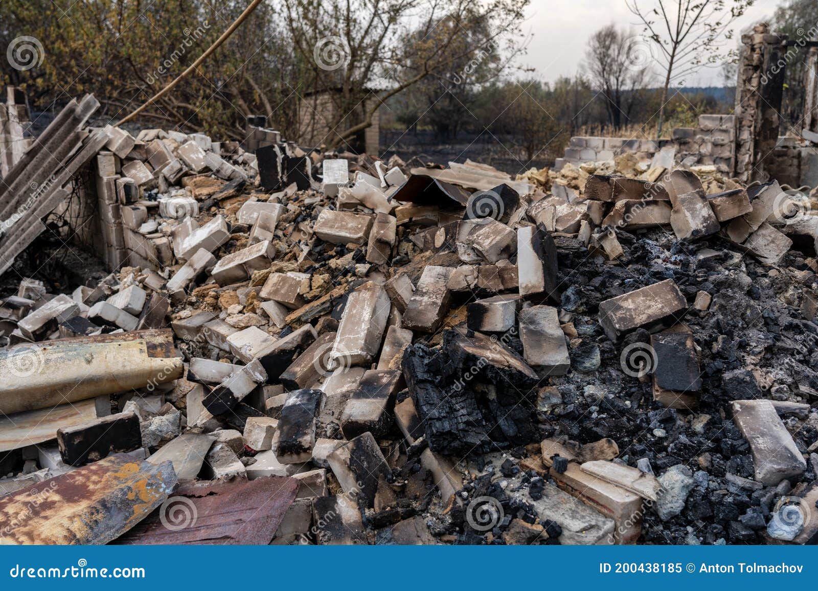Pile of Burnt Bricks from a Destroyed House after the Fire Stock Image ...