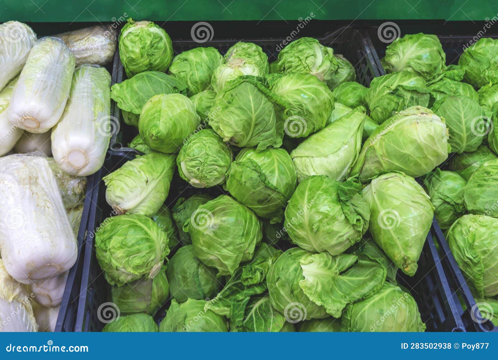 Pile of Cabbage in Boxes. Cabbage in Supermarket Stock Photo - Image of ...