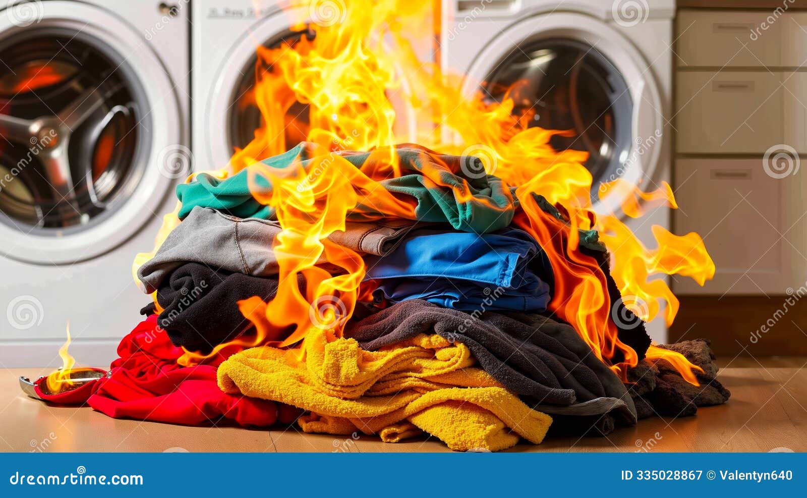 A Pile of Clothes on Fire in Front of a Washing Machine Stock Image ...