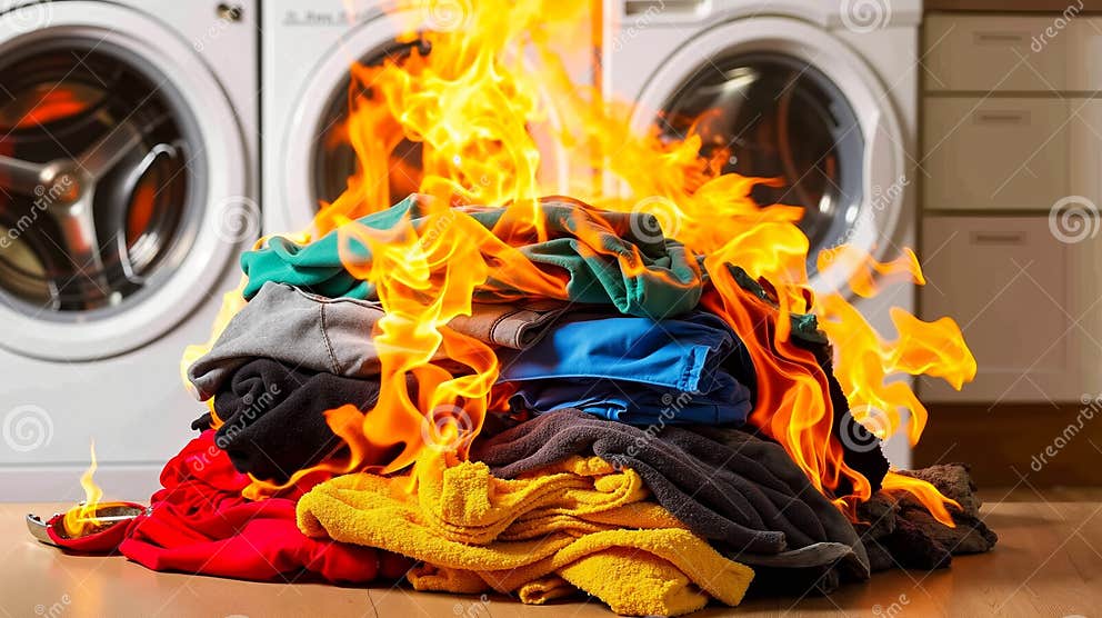 A Pile of Clothes on Fire in Front of a Washing Machine Stock Image ...