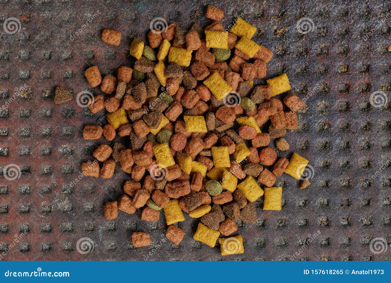 Colored Dry Cat Food on a Brown Table Stock Image - Image of care, bowl ...