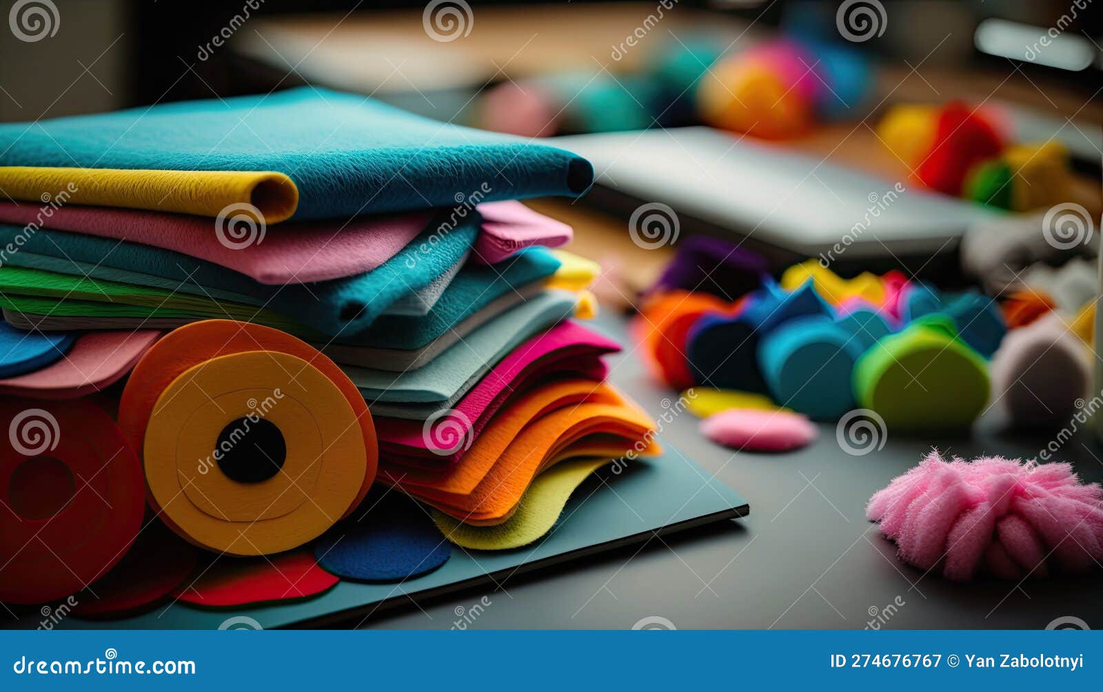 A Pile Of Colorful Felt Sheets On A Desk. Generative AI Stock Image ...