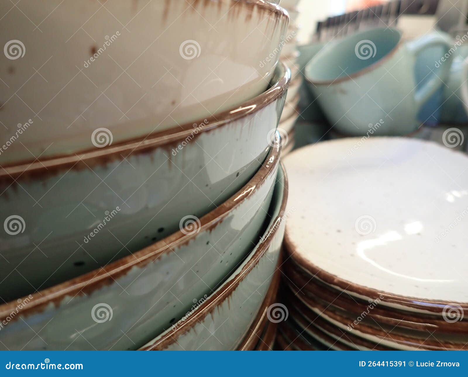 Pile of Colorful Plates in Kitchen Stock Image - Image of people ...
