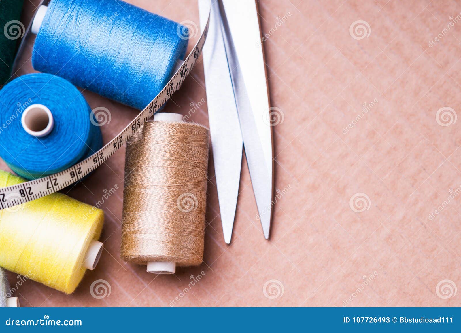 Pile of Colorful Spools of Thread, Scissors and Measuring Meter Stock ...