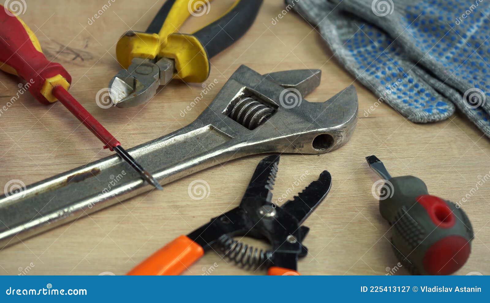 Pile of Construction Tools Lying on a Wooden Table Stock Video - Video ...