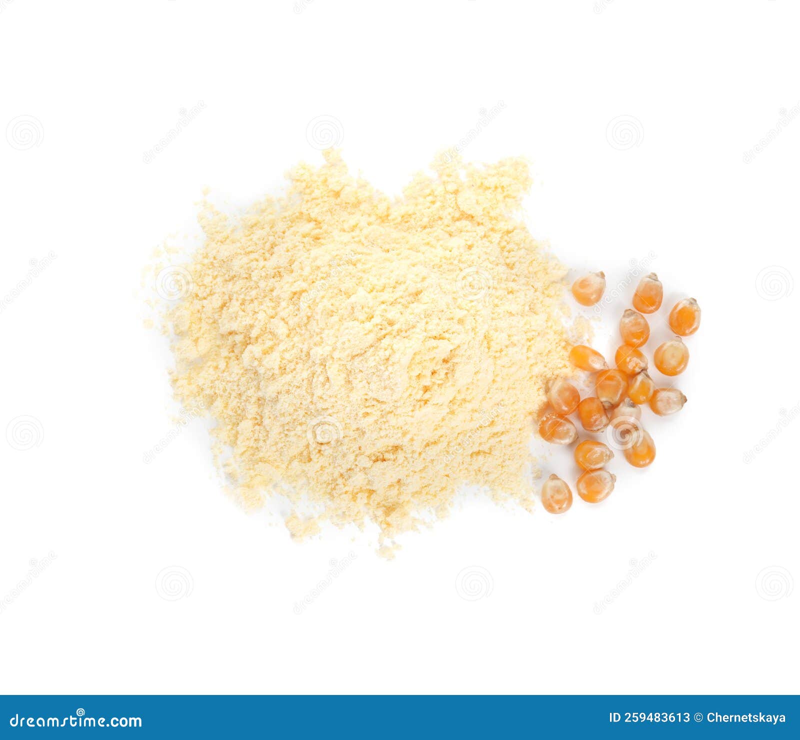 Pile of Corn Flour and Seeds Isolated on White, Top View Stock Image ...