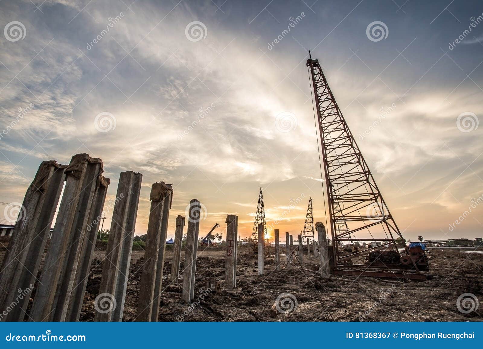 Pile Crane Or Pile Driven Machine Set Up In Construction Site Royalty ...