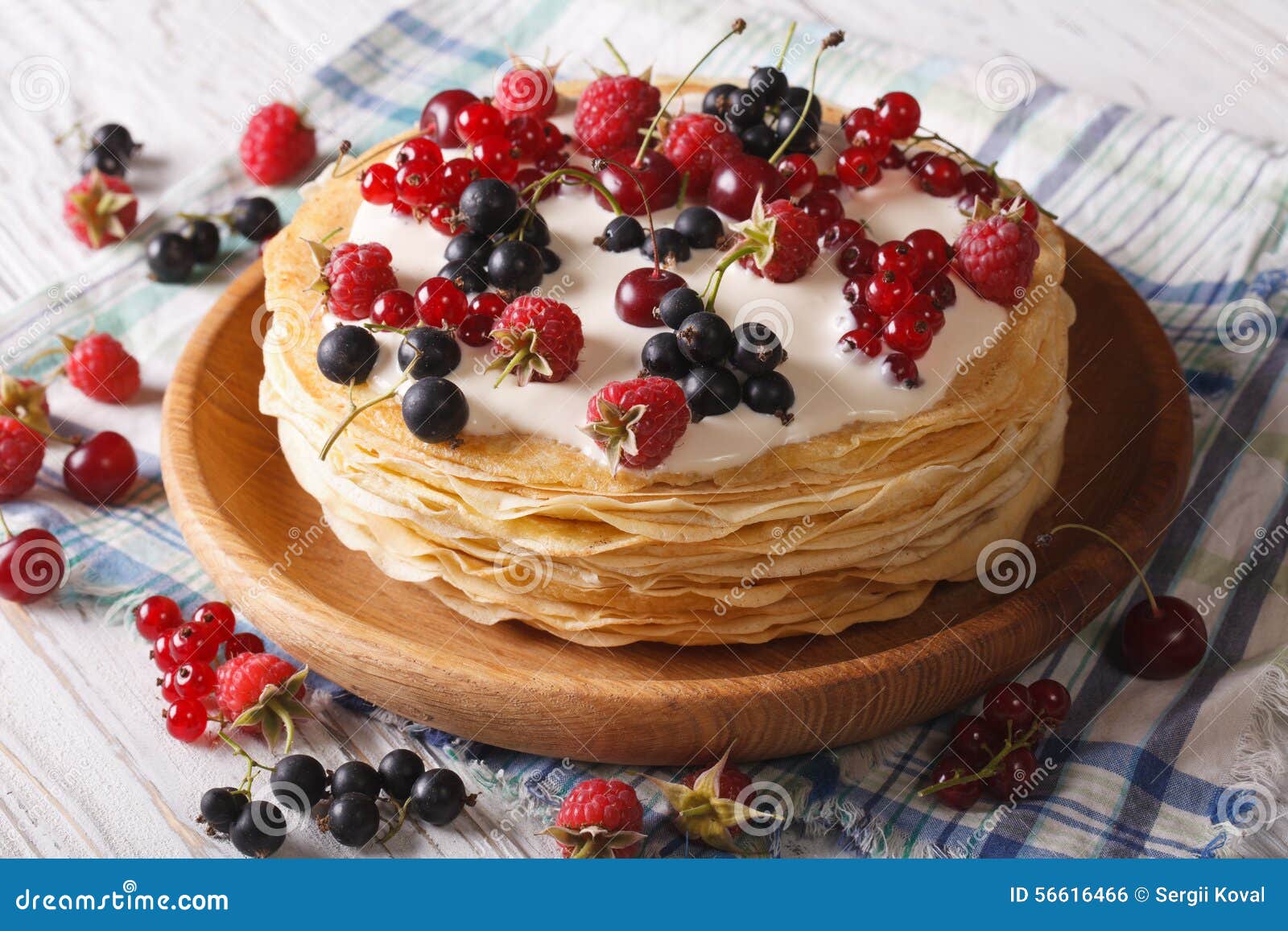 Pile of Crepes with Berries Close-up on a Plate. Horizontal Stock Photo ...