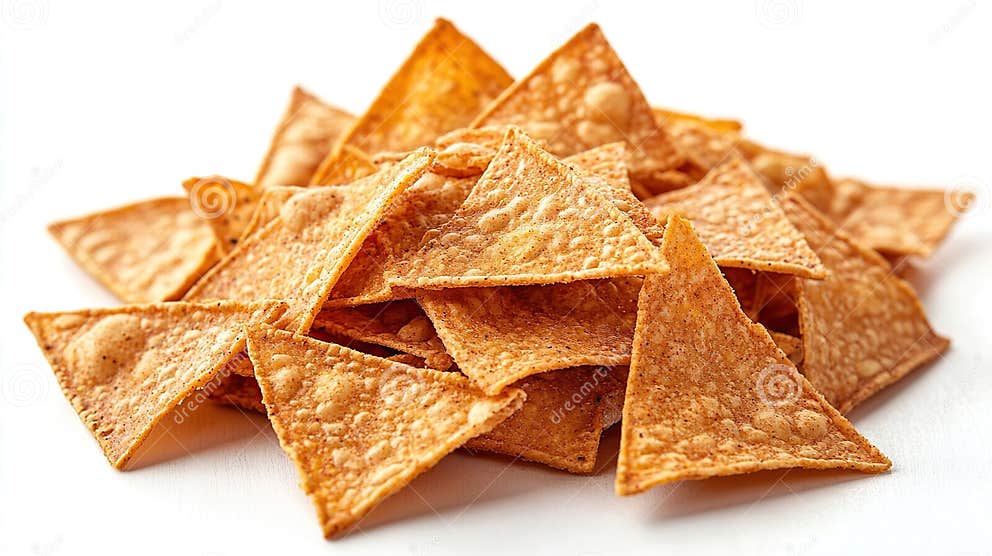A Pile of Crispy, Triangular Tortilla Chips Isolated on a White ...