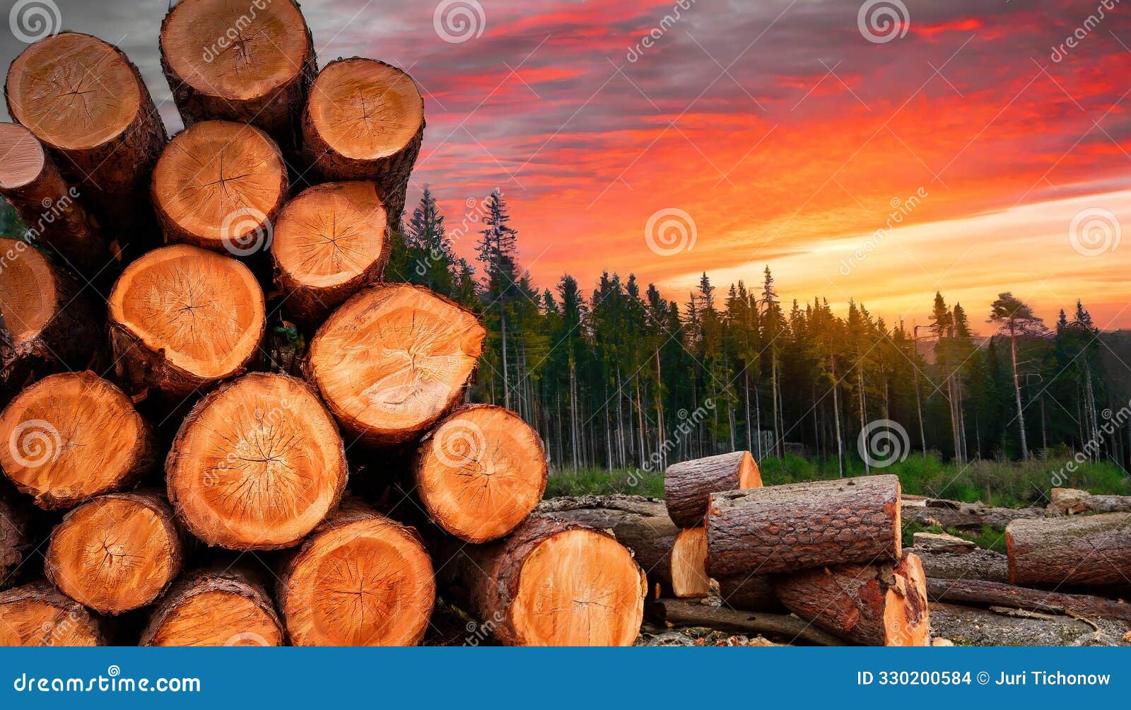A Pile of Cut Logs Stacked in a Forest Clearing with a Dramatic Sunset ...