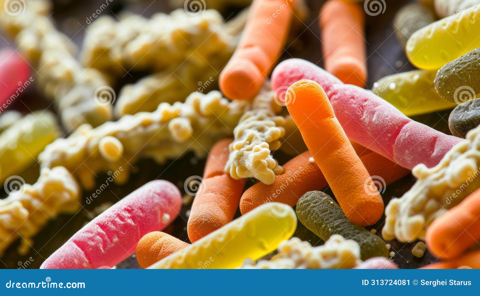 A Pile of Different Colored and Shaped Gummy Worms on a Table, AI Stock ...