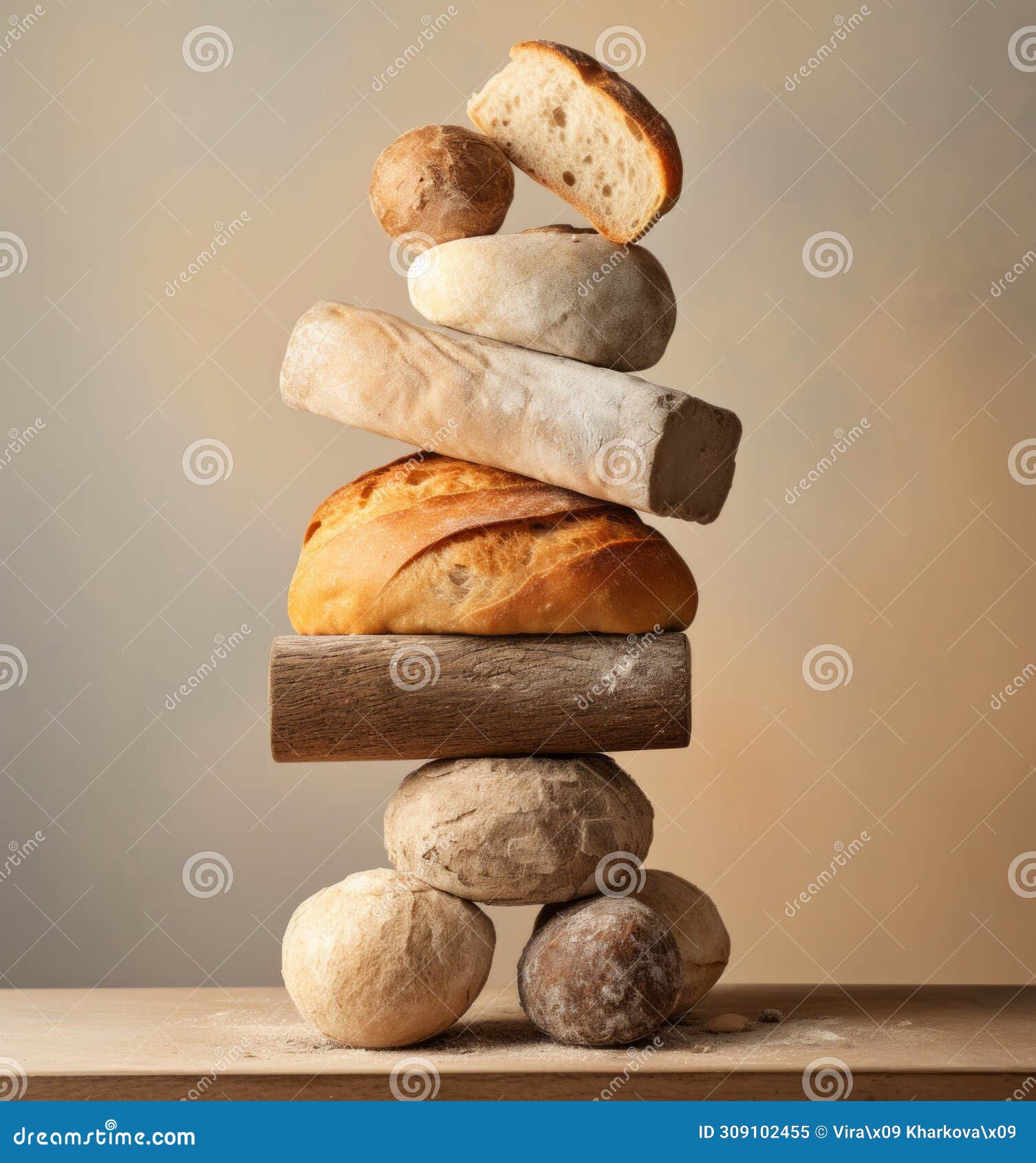 Pile of Different Loaves of Fresh Bread with Crispy Crust on Wooden ...