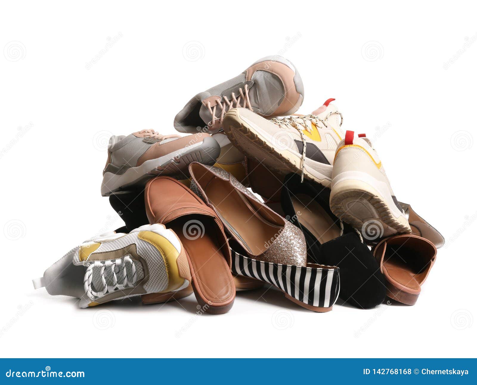 Pile of Different Shoes on White Stock Photo - Image of sale, pile ...