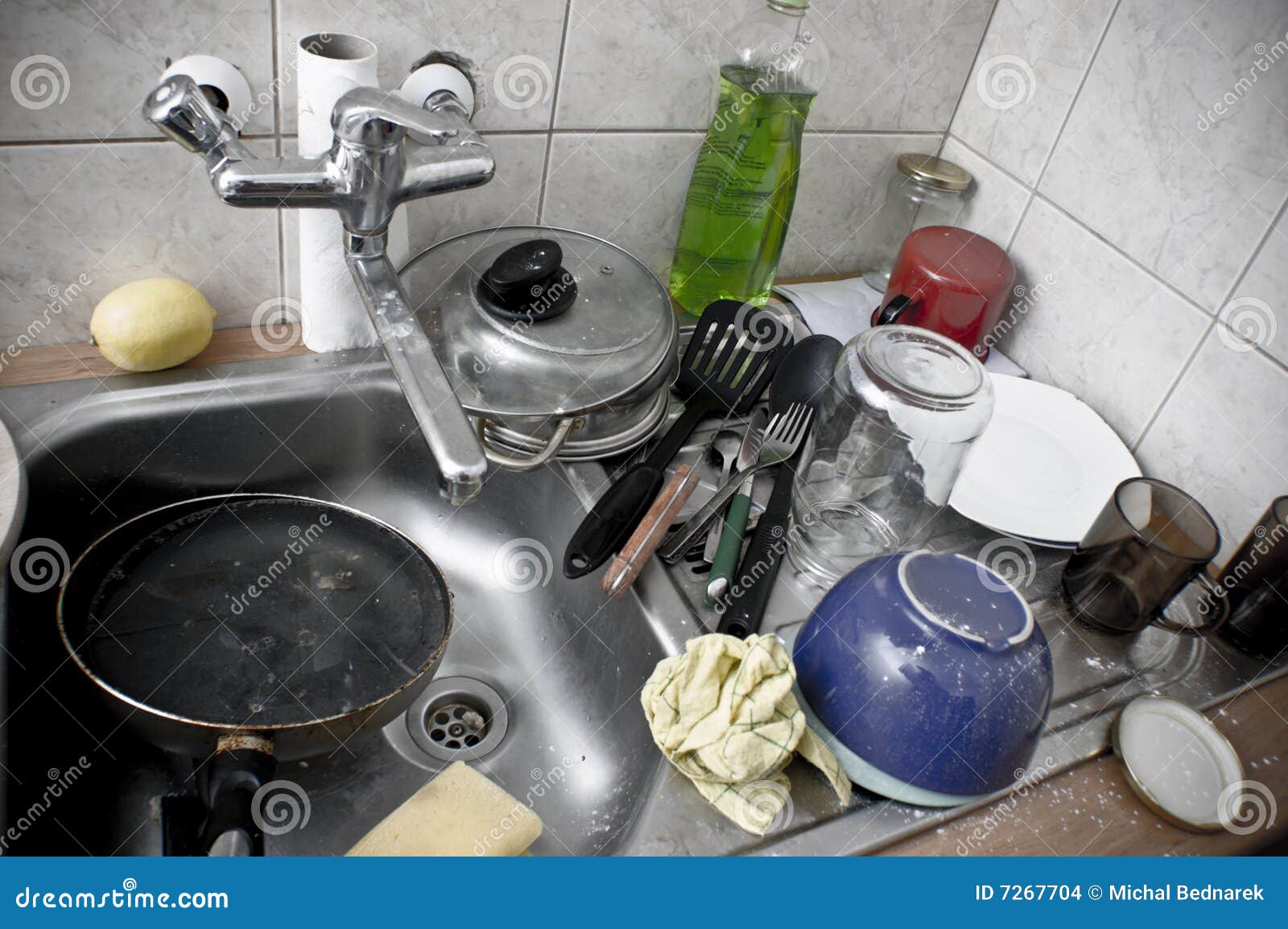 Pile of Dirty Dishes in the Metal Sink Stock Photo - Image of silver ...