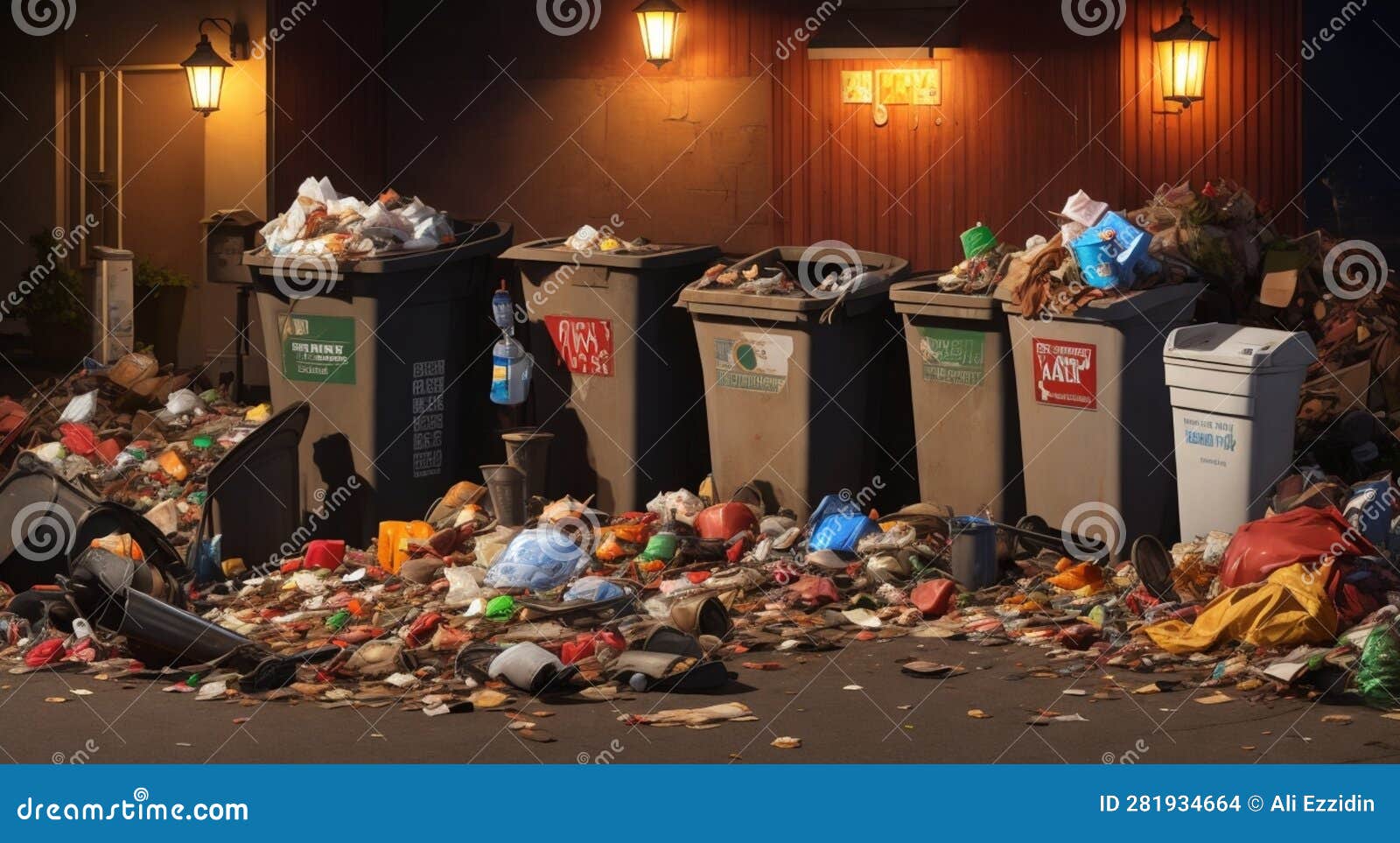 A Pile of Discarded Items Overflowing from a Rusty Garbage Can ...