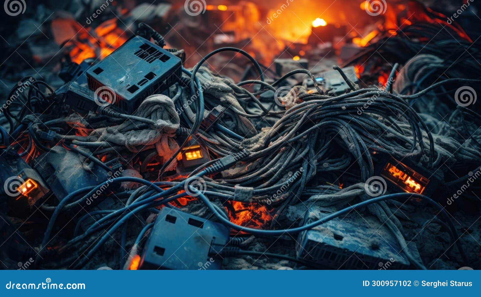 A Pile of Electronic Equipment with Wires and Fire Burning, AI Stock ...